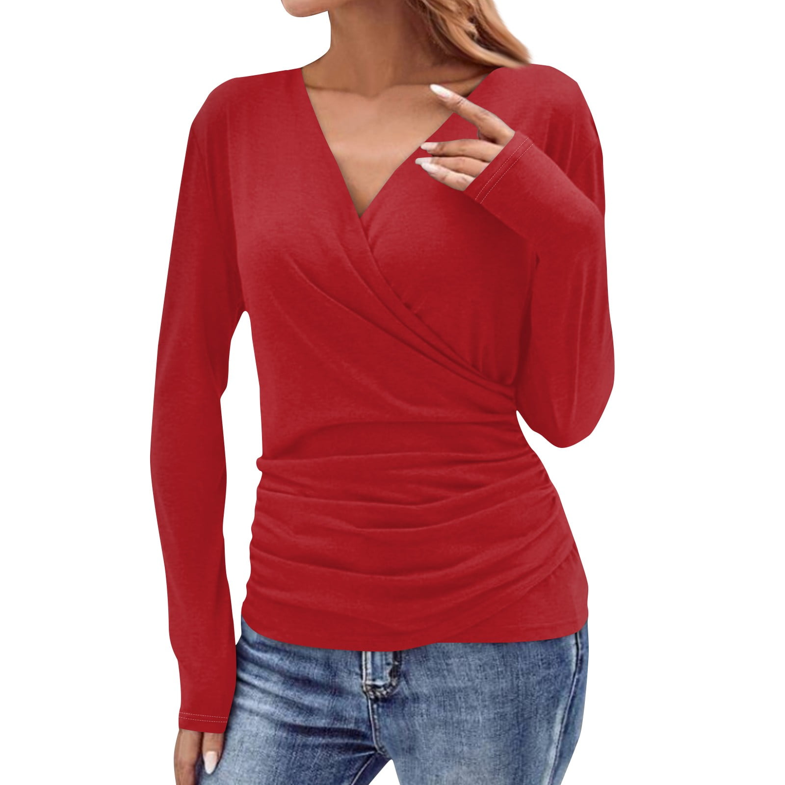 Gglogagt Women's Deep V Neck 3/4 Sleeve Cross Surplice Wrap Tops Red XL ...