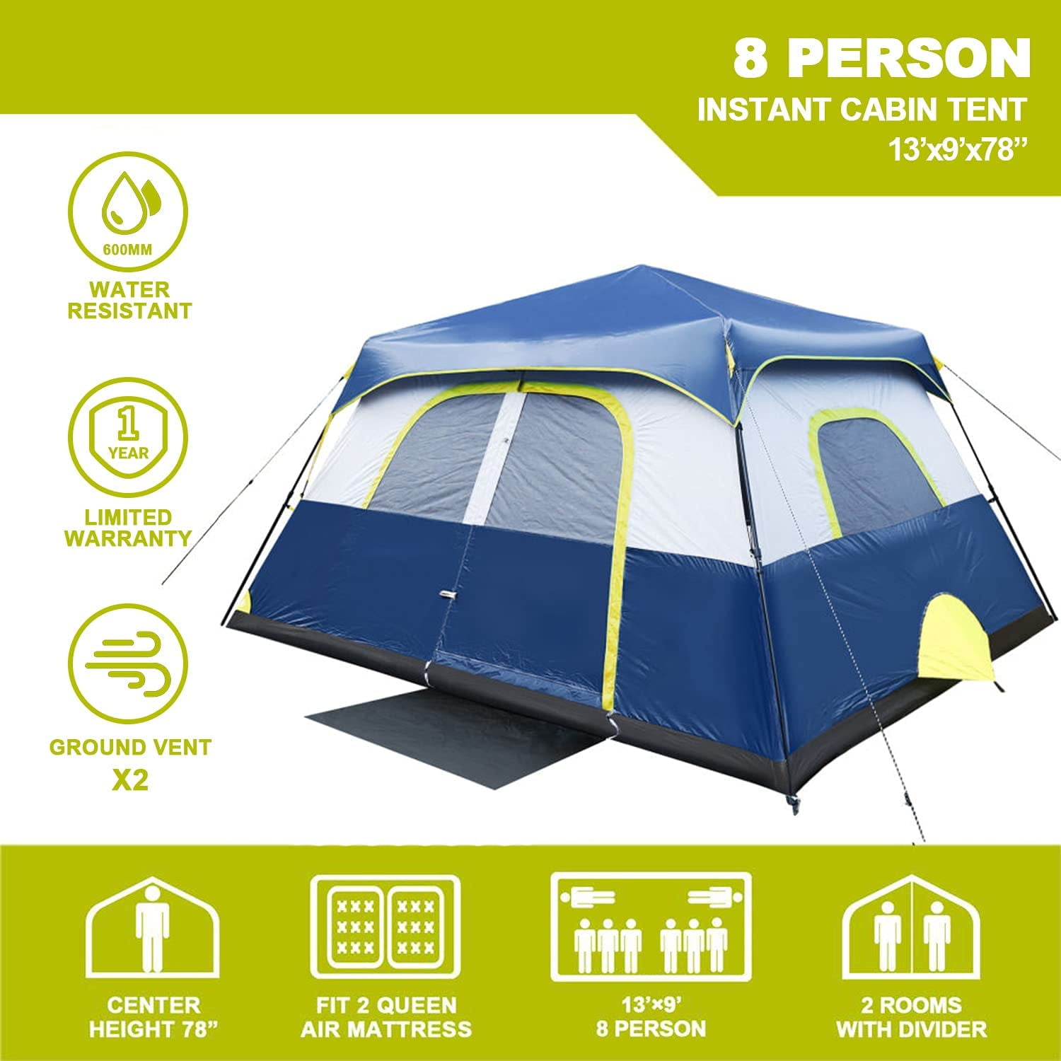 QOMOTOP Camping Tent, 8 Person Instant Cabin Tent, Easy Setup in 60 ...