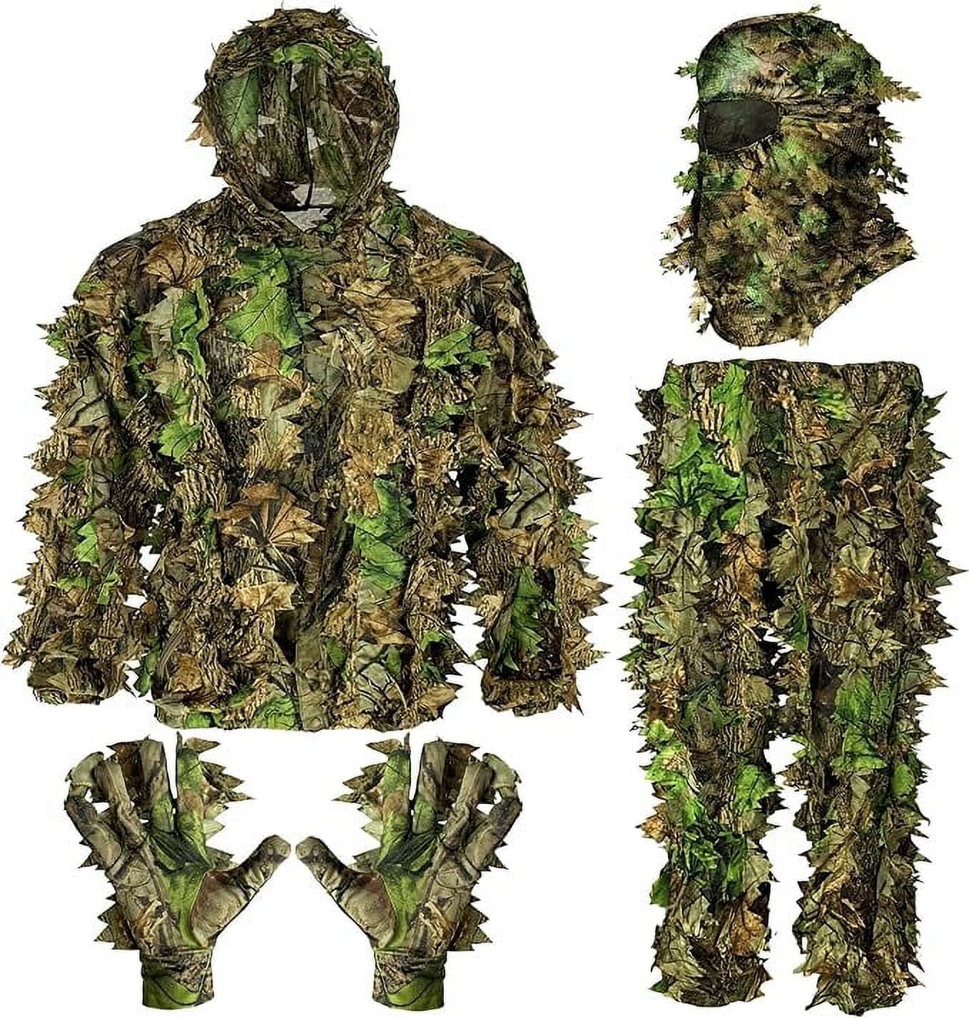 Leafy Camo Ghillie Suit 3D Leaf Camouflage Hunting Jacket and Pants with Gloves and Face Mask ...