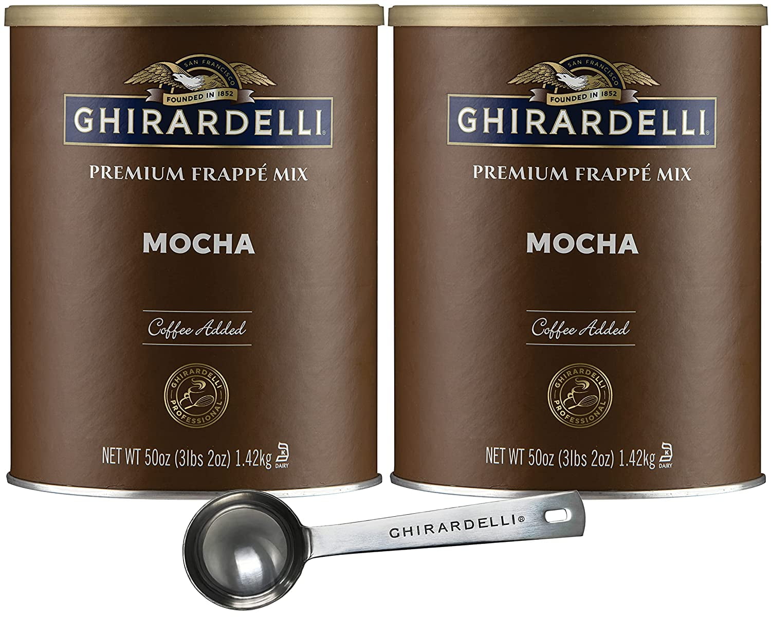 Ghirardelli Mocha Premium Frappé Mix, 3.12 lbs (Pack of 2) with Ghirardelli Stamped Barista ...