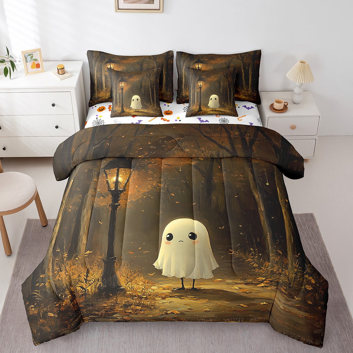 Ghost 7 Pcs Bed in a Bag Twin Size Halloween Ghost Bedding Set Happy ...