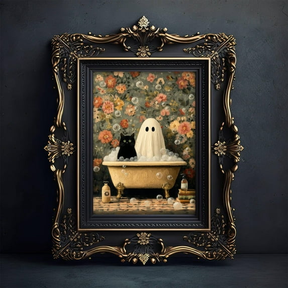 Ghost And Black Cat Bubble Bath Poster, Spooky Cute Bath Art, Whimsical ...