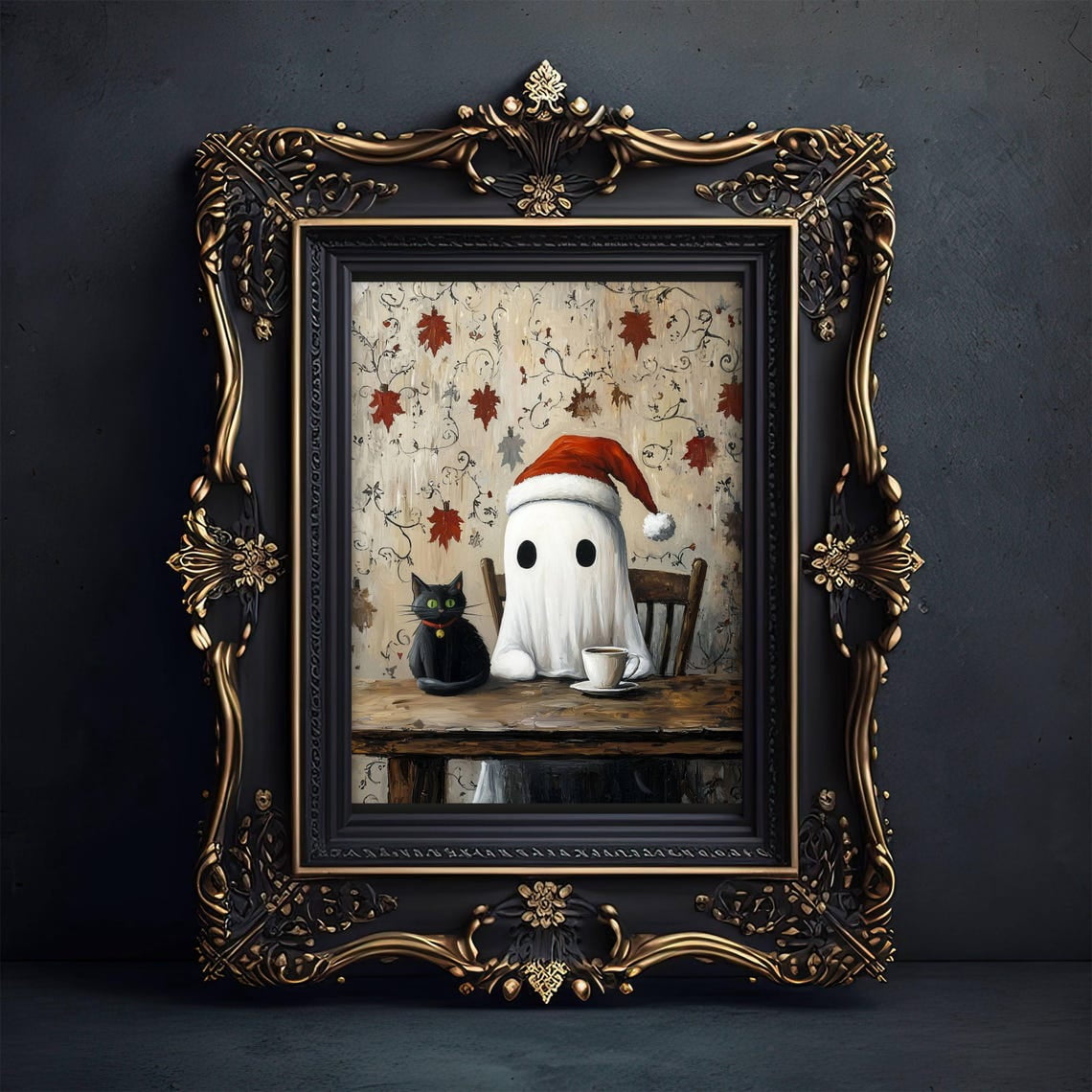 Ghost And Black Cat Coffee Time Poster, Whimsigoth Wall Art, Cute Ghost ...