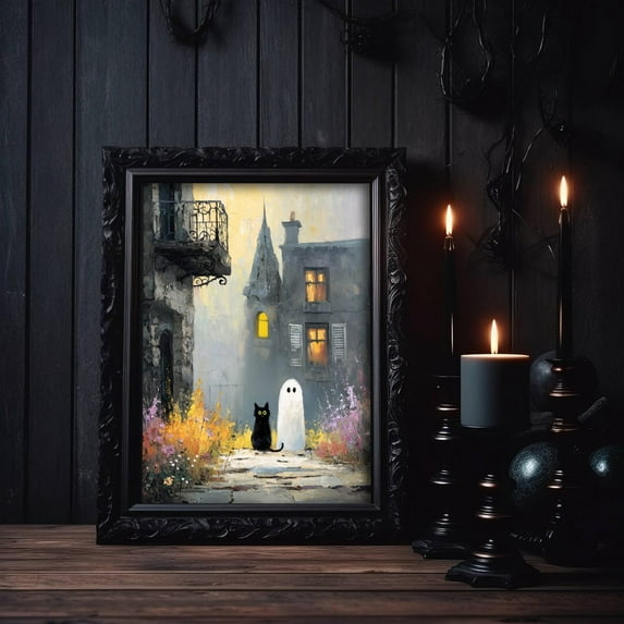 Ghost And Black Cat Haunted House Poster, Spooky Cute Wall Art, Home ...