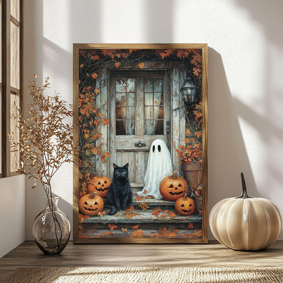 Ghost And Black Cat On Porch Poster, Spooky Cute Farmhouse Decor ...