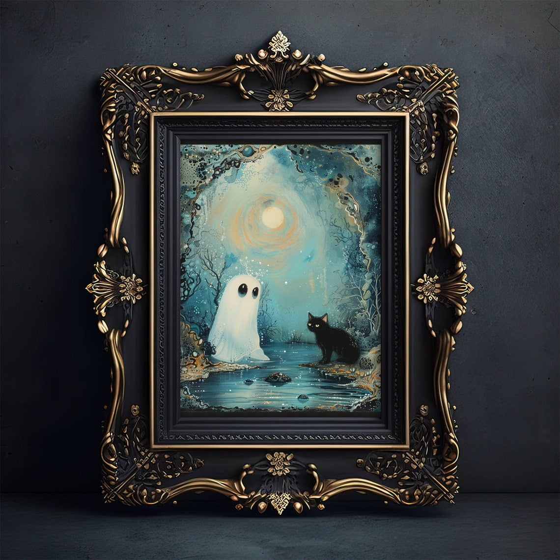 Ghost And Black Cat Poster, Kitty Wall Art, Cat Lover Home Decor ...