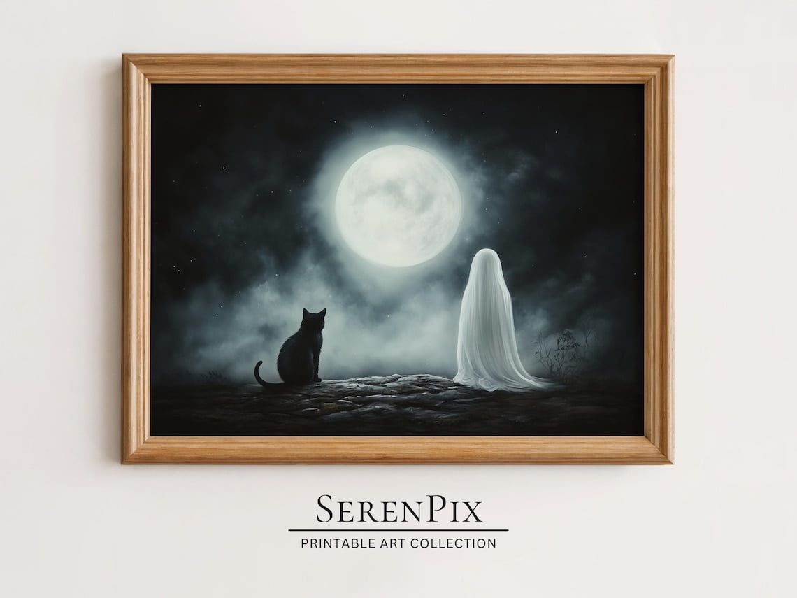 Ghost And Black Cat Under Moonlight, Ghost Cottagecore Decor, Spooky ...