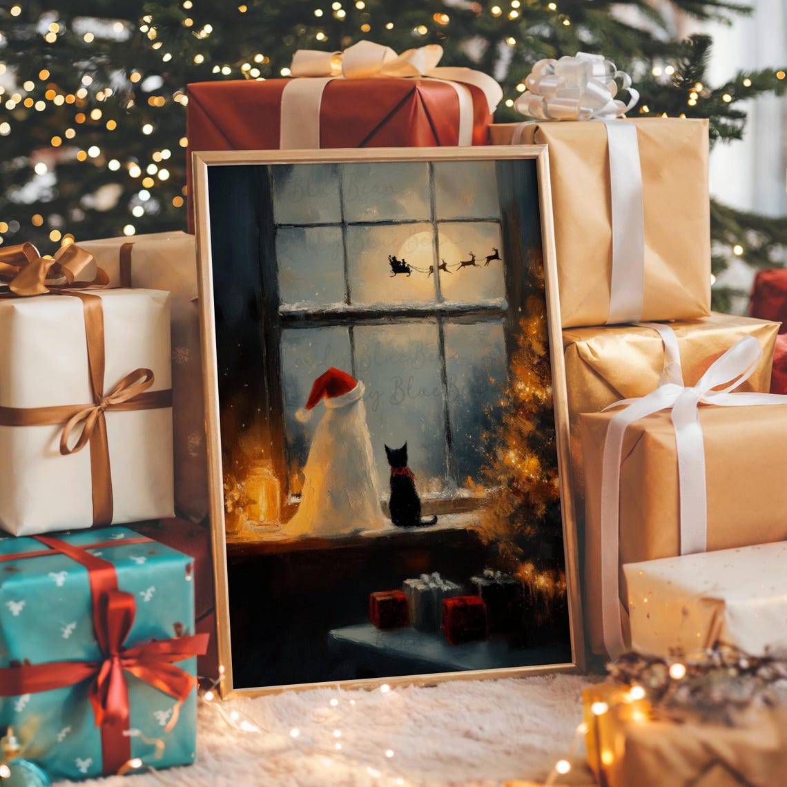 Ghost And Black Cat Watching Santa Claus Poster, Spooky Cute Print ...