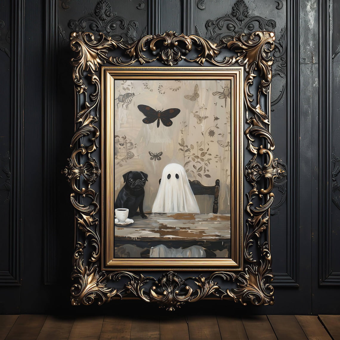Ghost And Black Pug Coffee Time Poster, Spooky Cute Ghost Dog Art ...