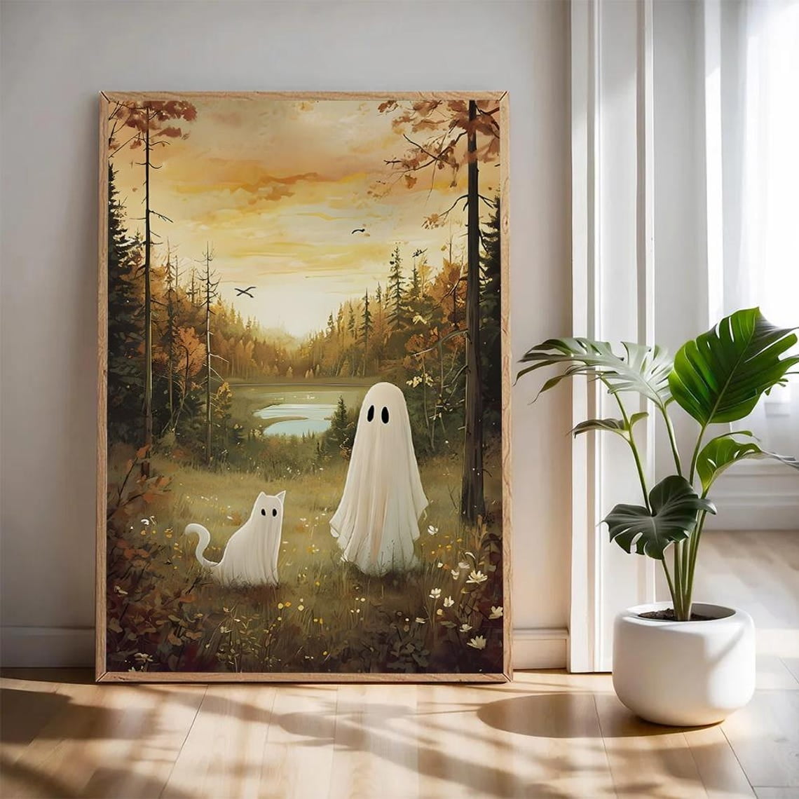 Ghost And Cat Autumn Forest Poster Whimsical Wall Art Home Decor ...