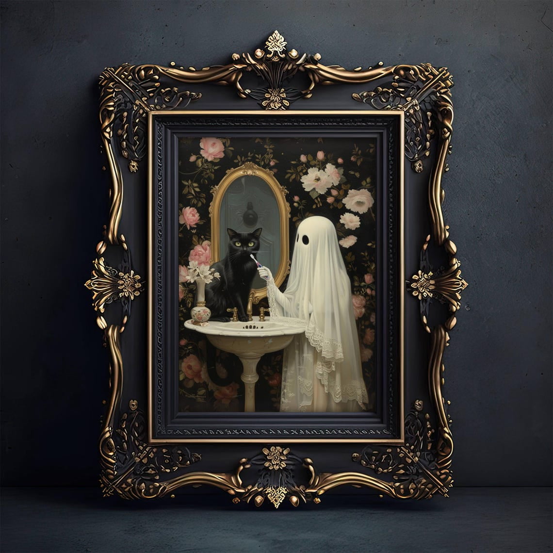 Ghost And Cat Brushing Teeth Poster, Bathroom Print, Spooky Cute Bath ...