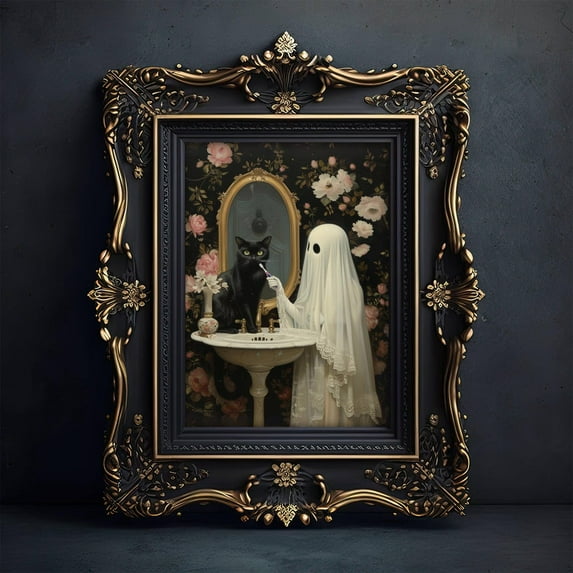 Ghost And Cat Brushing Teeth Poster, Bathroom Print, Spooky Cute Bath Art, Ghostcore Decor ...