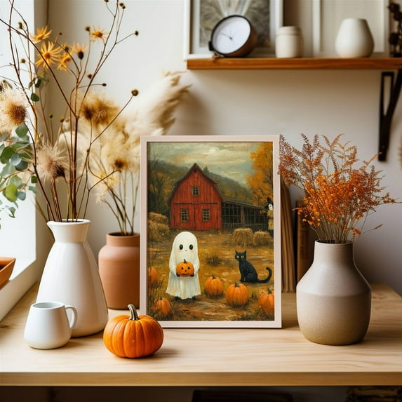 Ghost And Cat In Pumpkin Patch Poster, Spooky Cute Ghost Art, Black Cat ...
