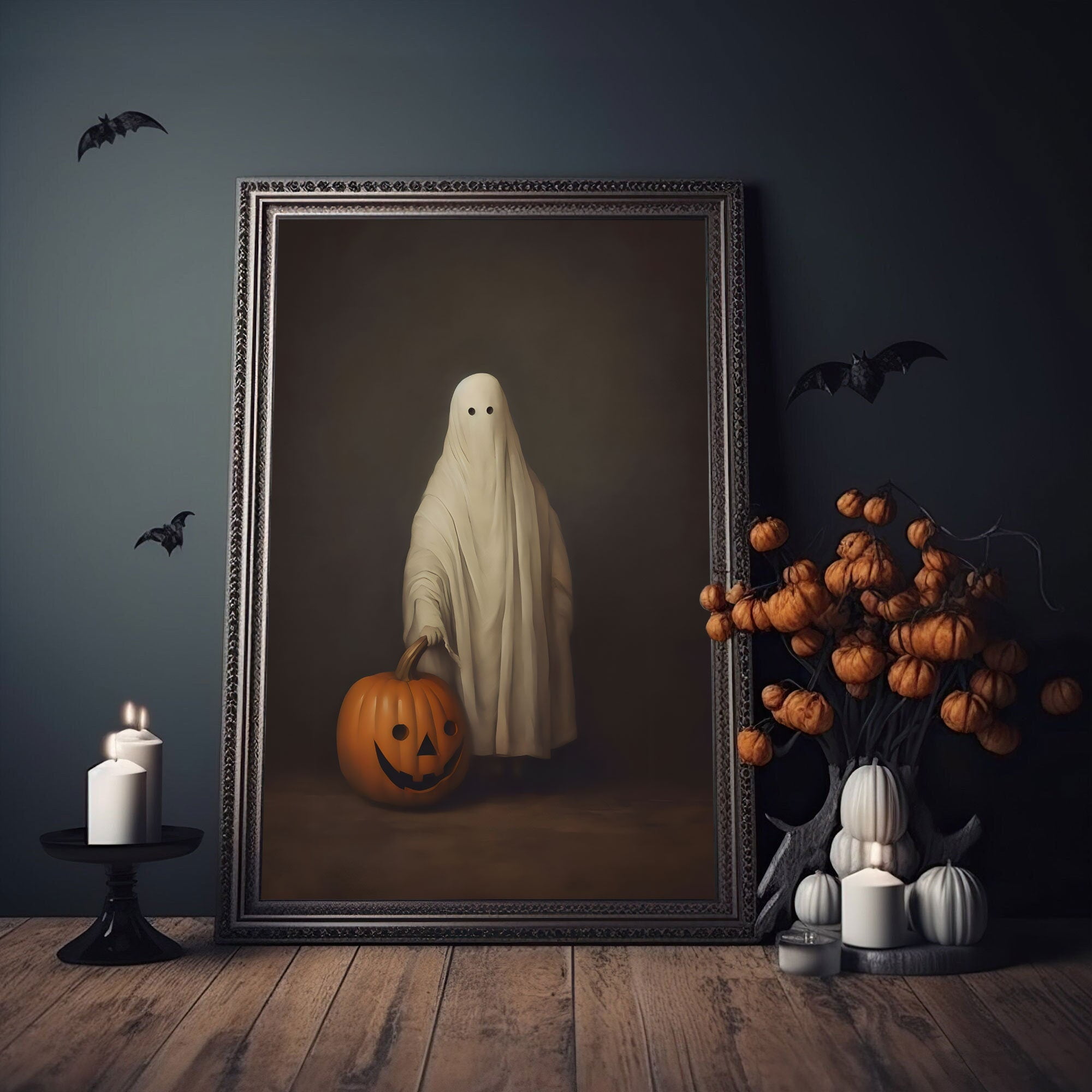 Ghost And Pumpkin Halloween Poster, Sheeted Ghost Art Print, Cute ...