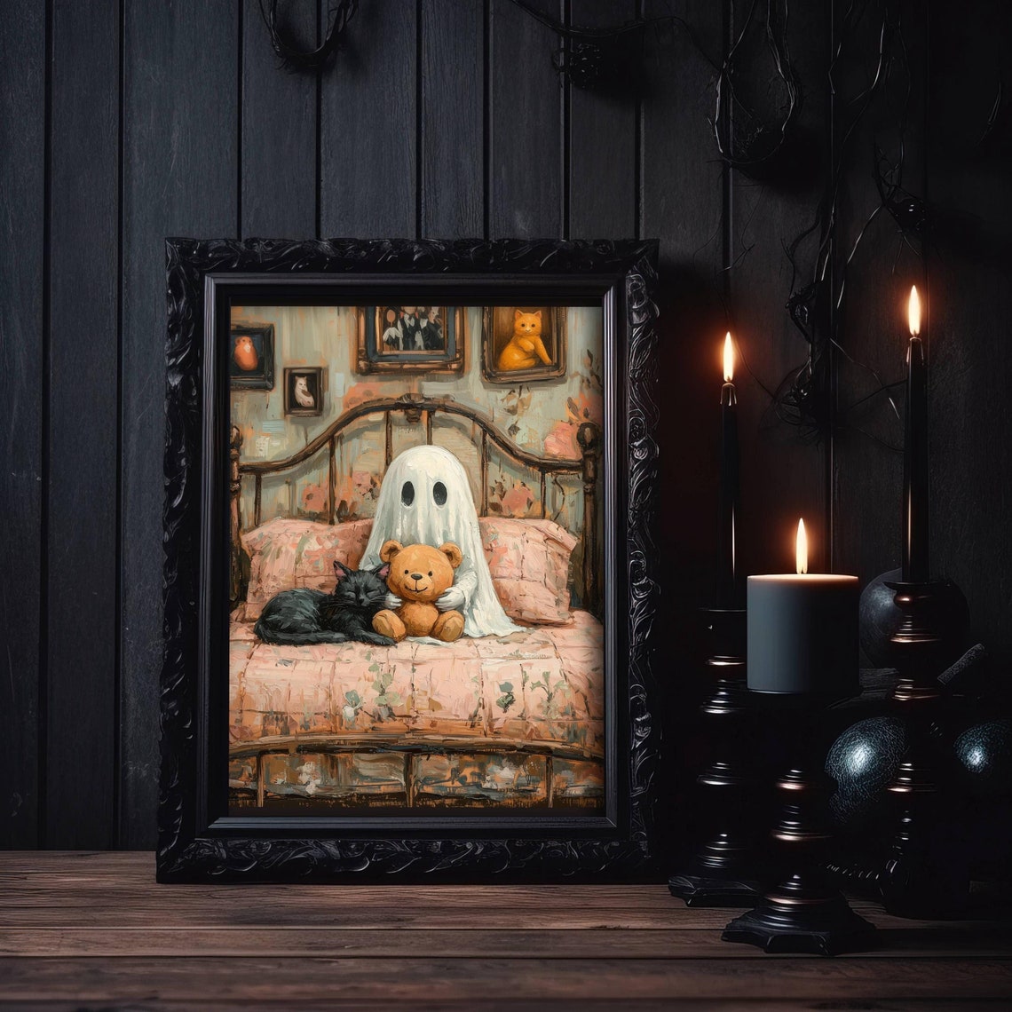 Ghost And Teddy Bear Poster, Spooky Black Cat Lover Art, Whimsigoth ...