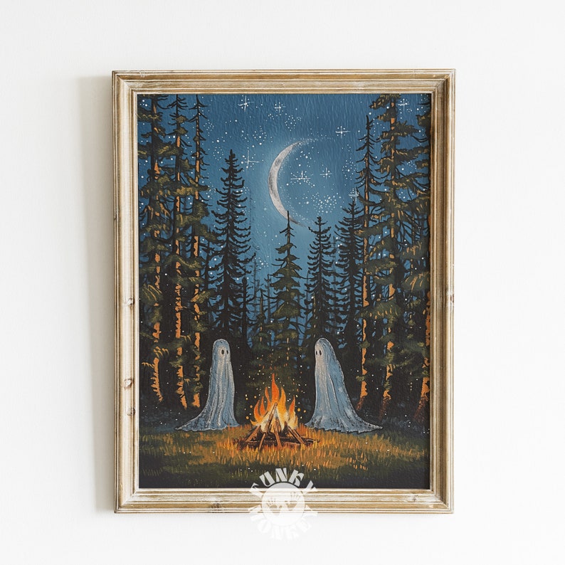 Ghost Art Print, Ghosts in Woods Campfire, Fall Halloween Wall Art ...