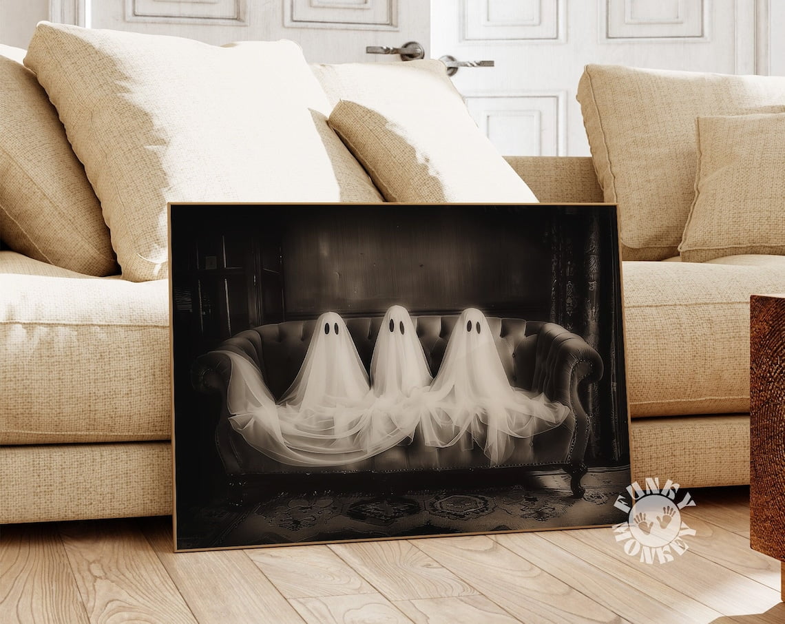 Ghost Art Print, Vintage Style Oil Painting, Cute Ghosts Sitting On ...