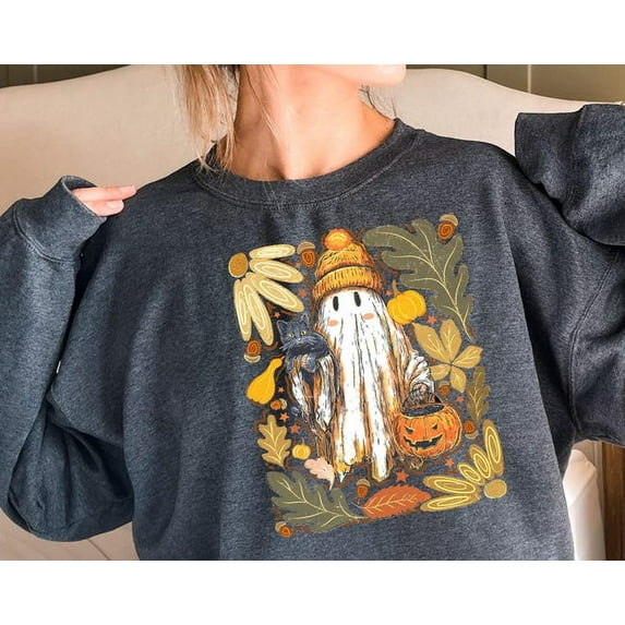 Ghost Black Cat Pumpkin Sweatshirt, Cute Fall Sweater, Cozy Spooky ...