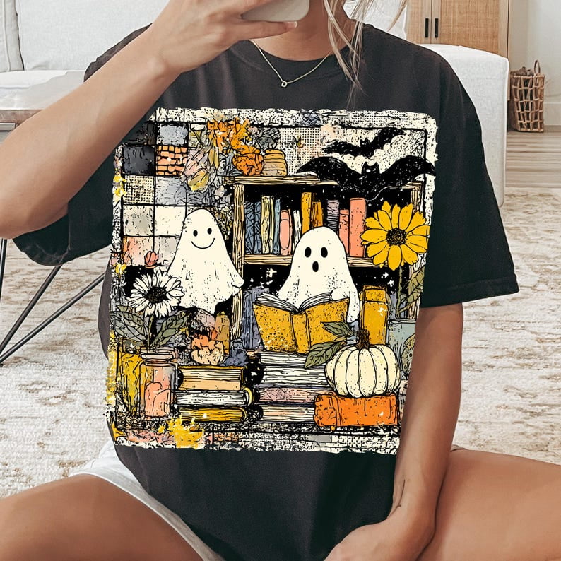 Ghost Book Lover Halloween T-Shirt – Spooky Boo Reading Tee with Salem ...
