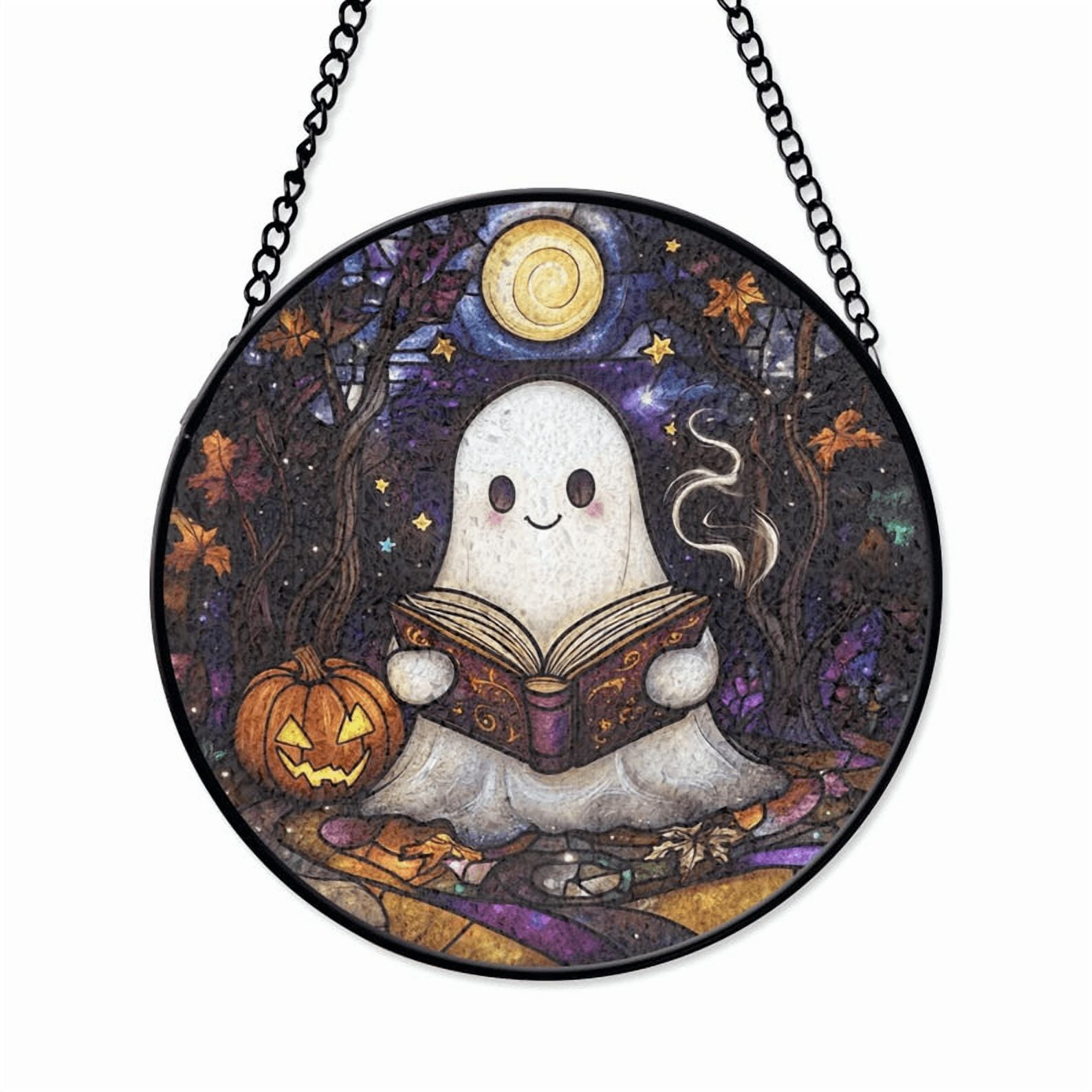 Ghost Book Stained Glass Suncatcher, Kawaii Halloween Window Art, Cute ...