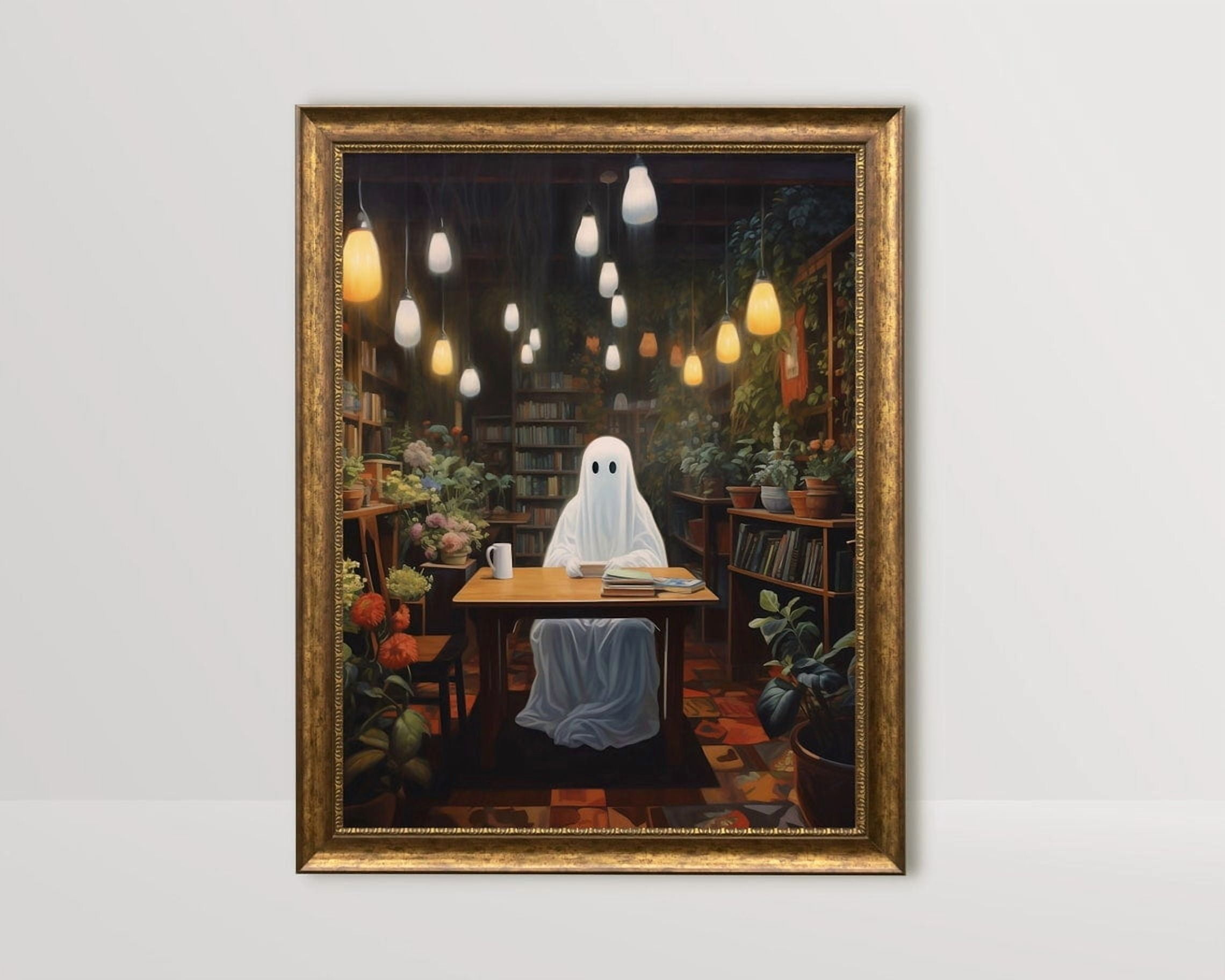 Ghost in Botanical Bookshop, Spooky Wall Art Dark Cottagecore Adorable ...