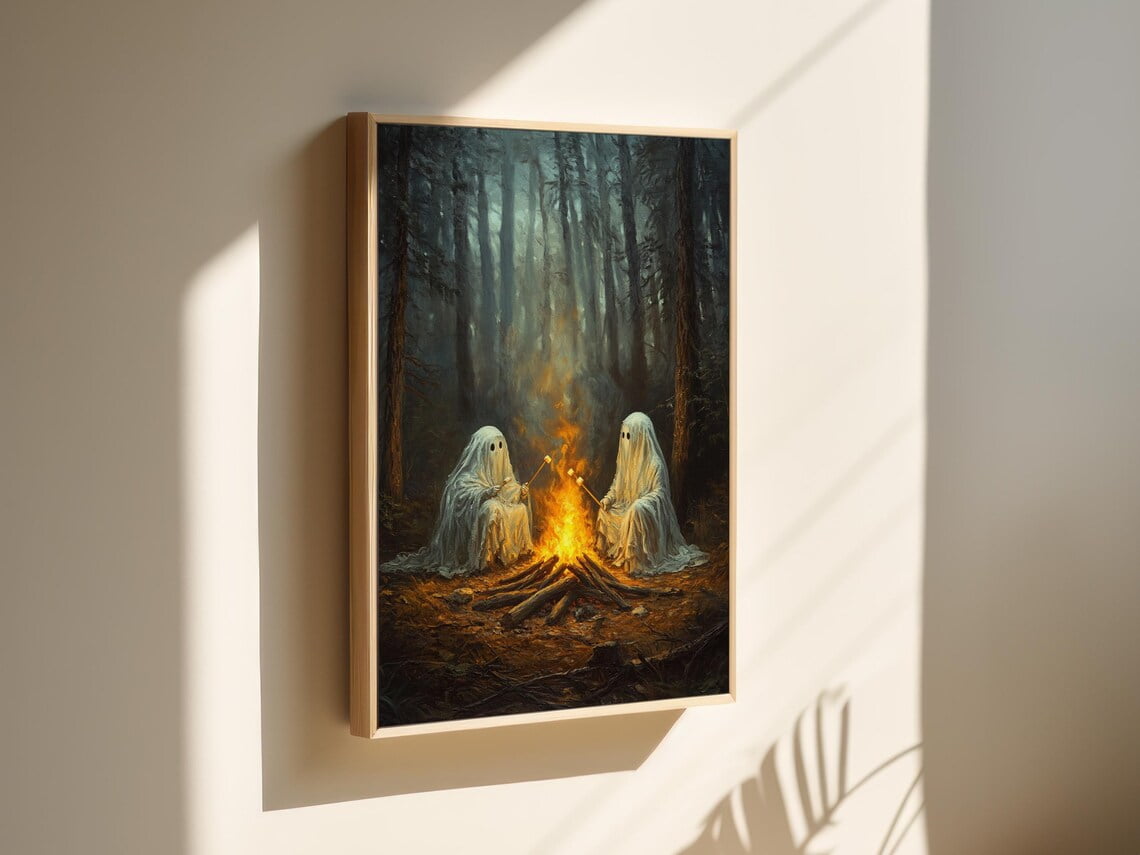 Ghost Campfire Painting, Spooky Forest Wall Art, Ghost Print, Cozy ...