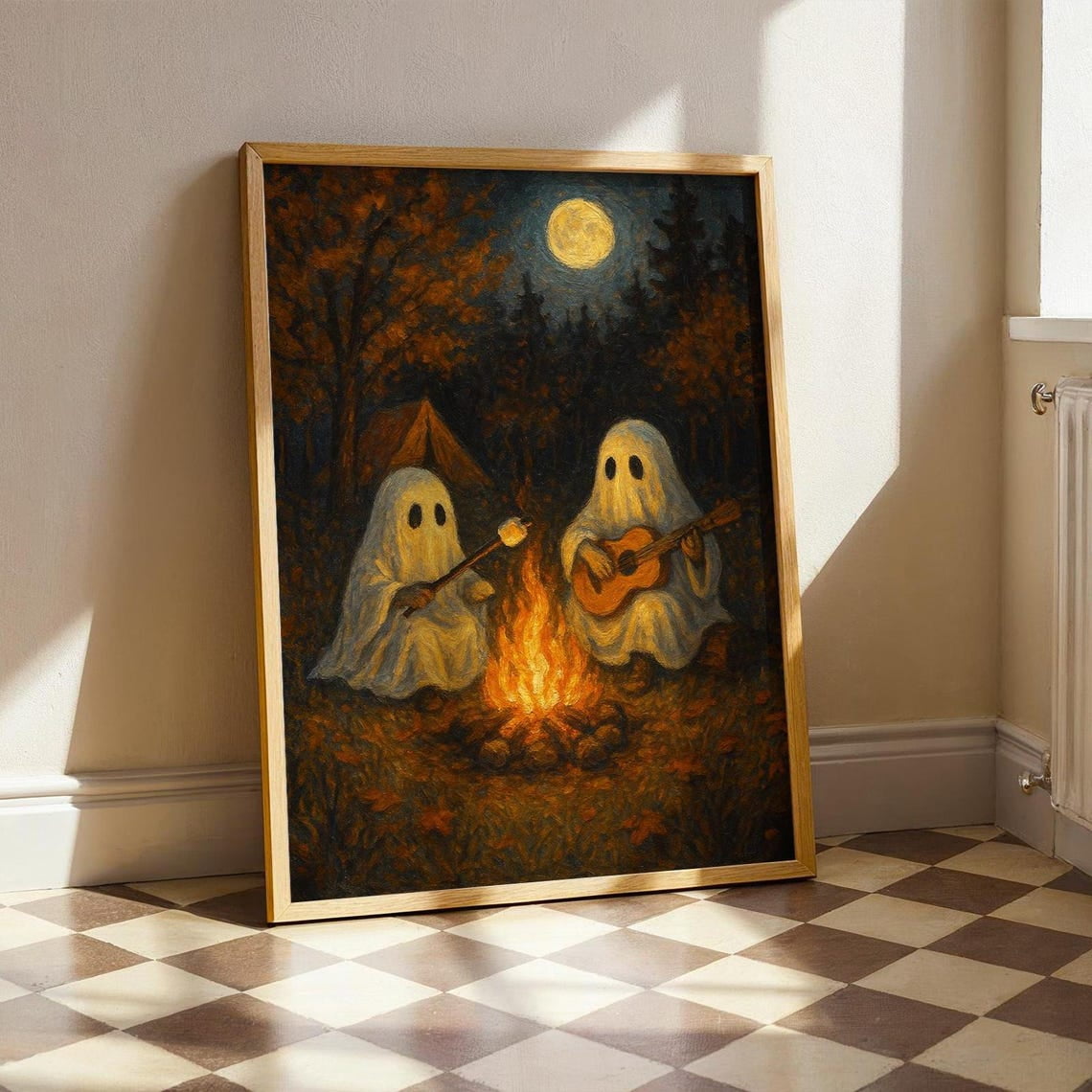 Ghost Campfire Poster, Cozy Winter Ghost Wall Art, Autumn Spooky Cute ...