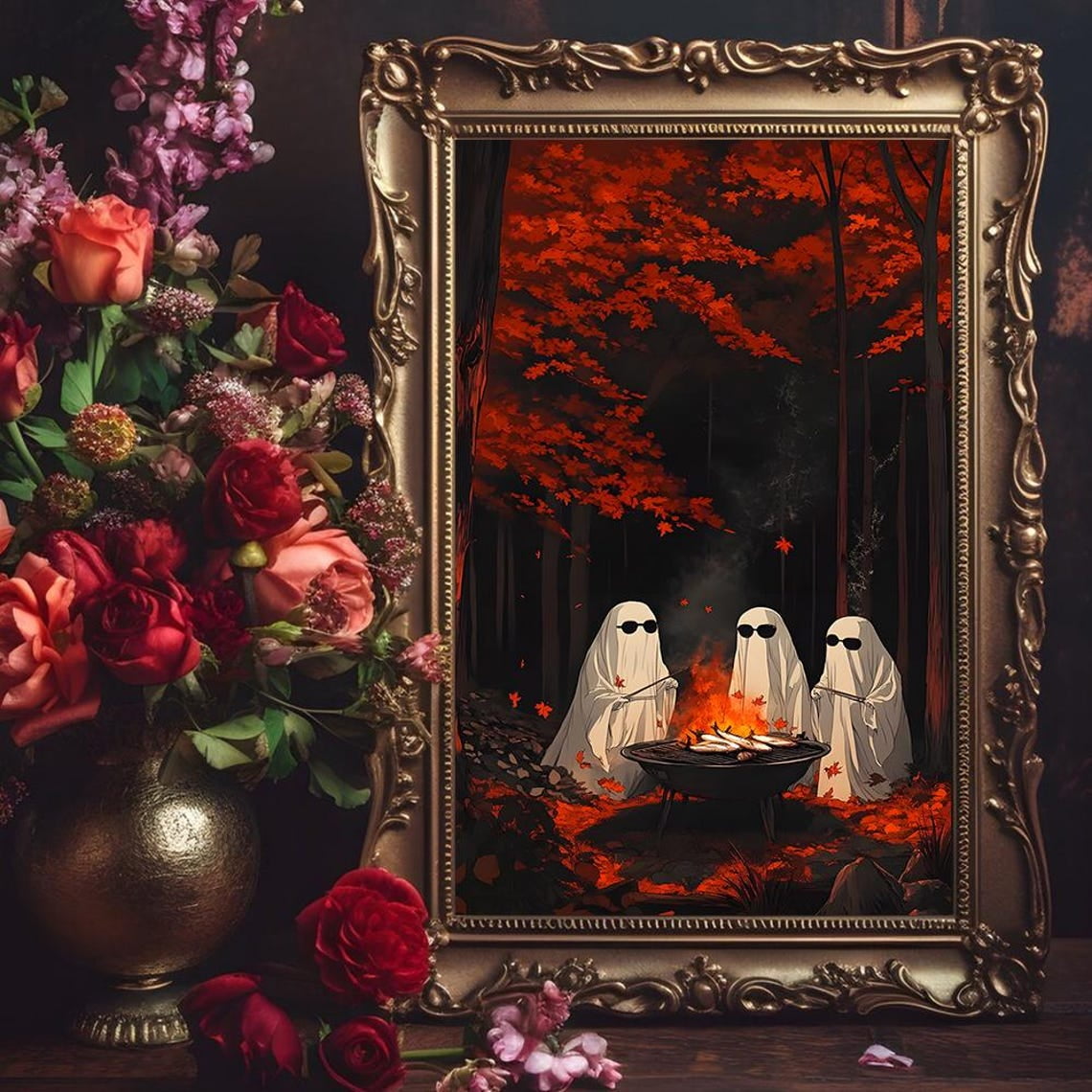 Ghost Campfire Poster Spooky Autumn Forest Art UNFRAMED Poster, Wall ...