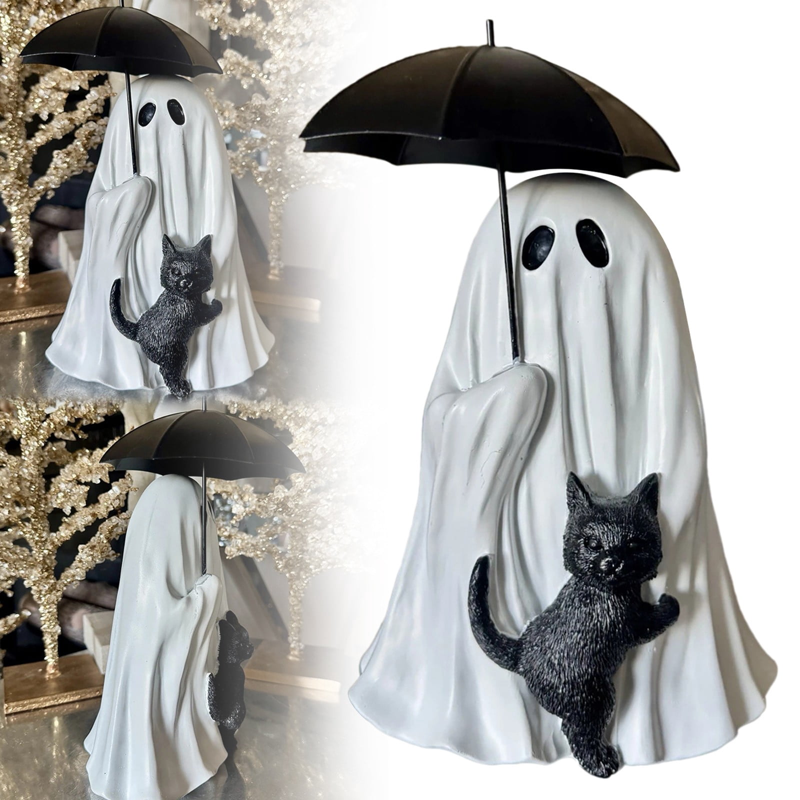 Ghost Cat Halloween Figurine – Viral Ghost Holding Umbrella with Black ...