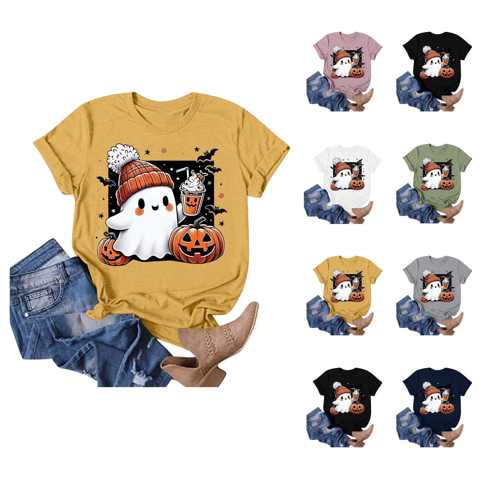 Ghost Coffee Halloween Tshirts Women Short Sleeve Crewneck Cute Ghost ...