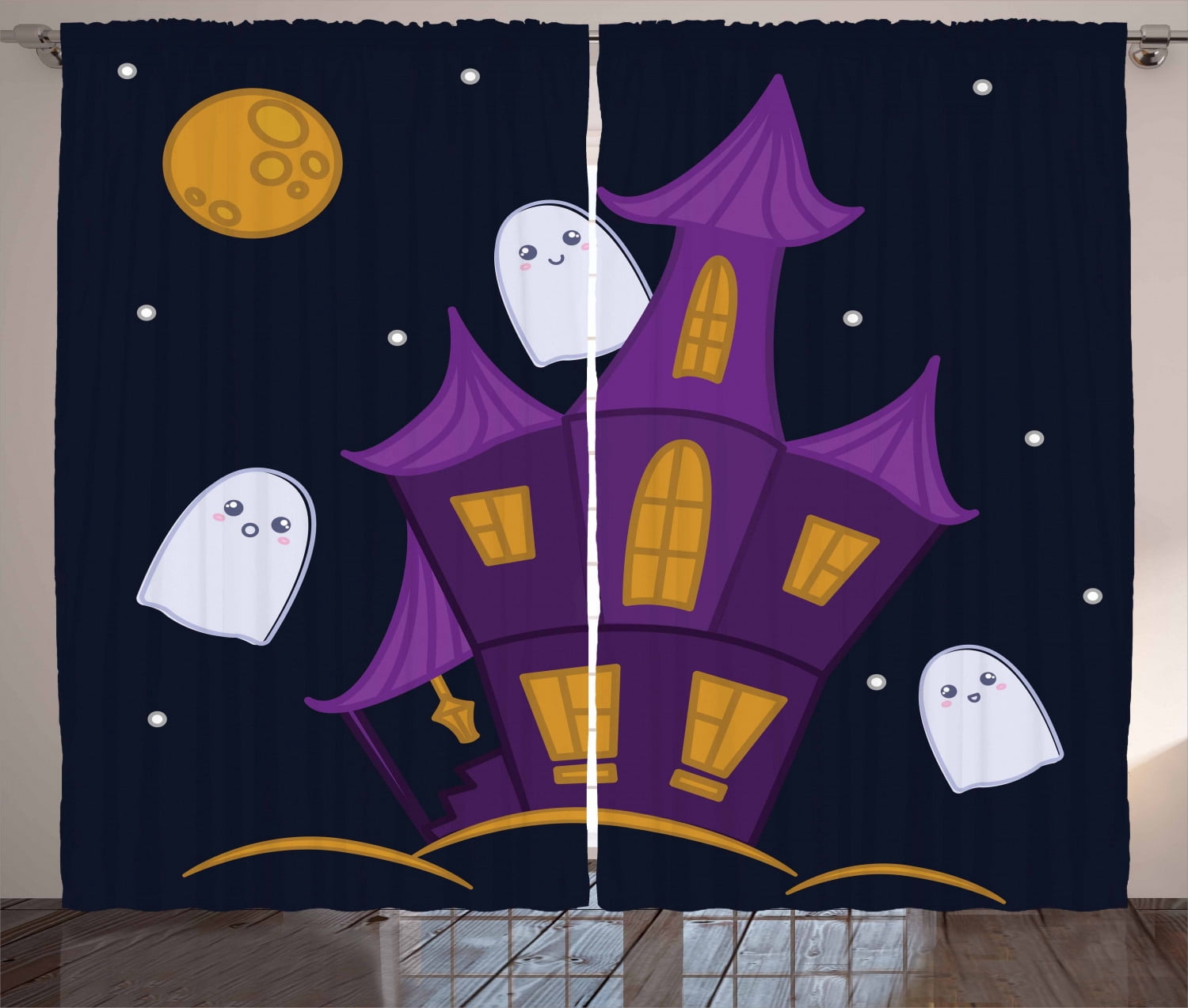 Ambesonne Ghost Curtains 2 Panel Set, Dark Night and Haunted House, 108 ...