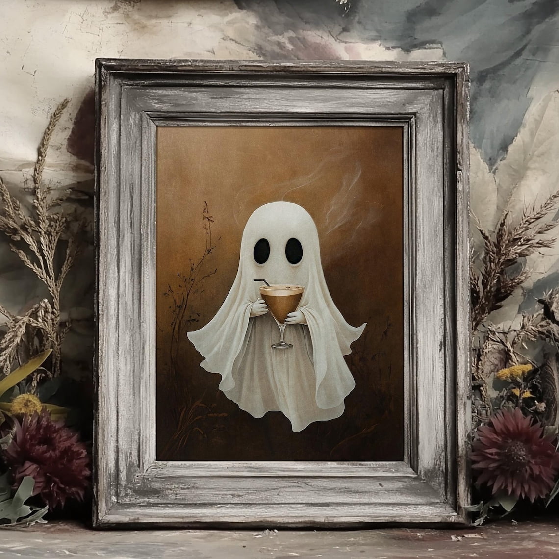 Ghost Drinking Cocktail Canvas Poster Ghost Halloween Rustic Print Wall ...