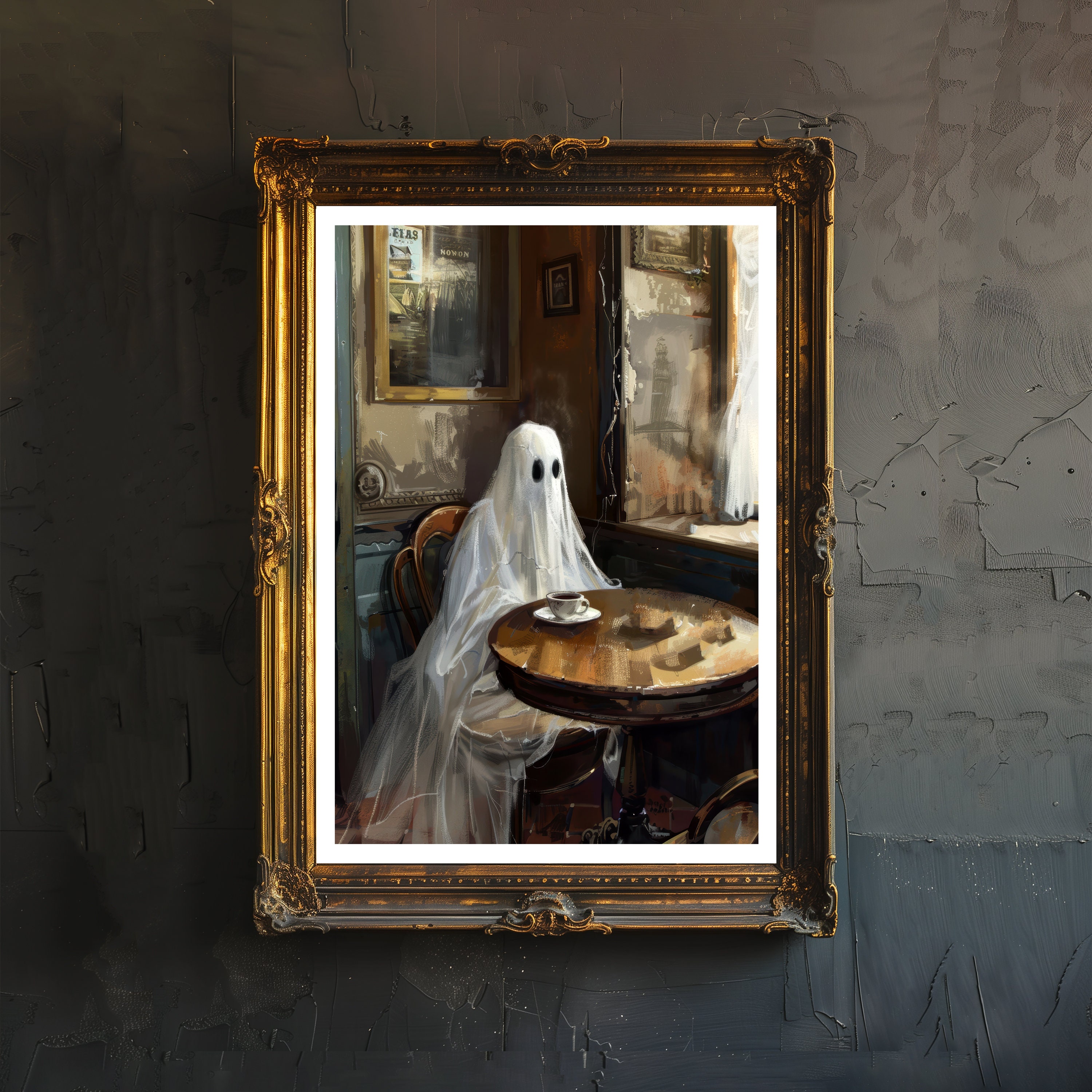 Ghost Drinking Tea Print Spooky Art Dark Academia Gothic Home Decor ...