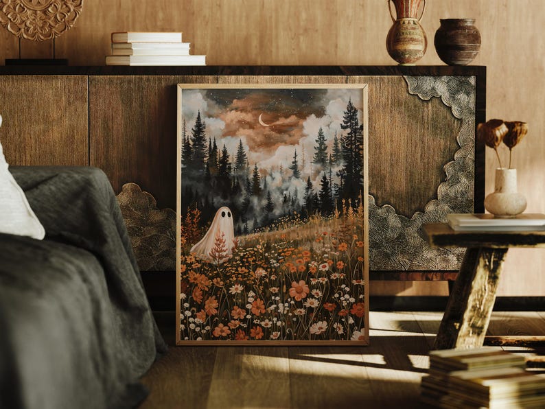 Ghost In Enchanted Forest Meadow Art Print, Whimsical Halloween Decor ...