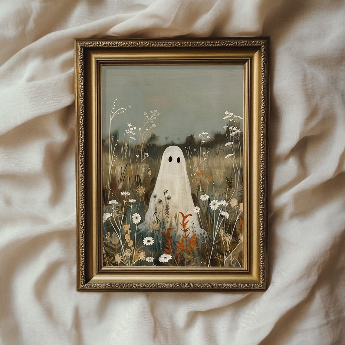 Ghost on Flower Meadow Poster Wall Decor Canvas Art Spooky Halloween Fall Prints Painting ...