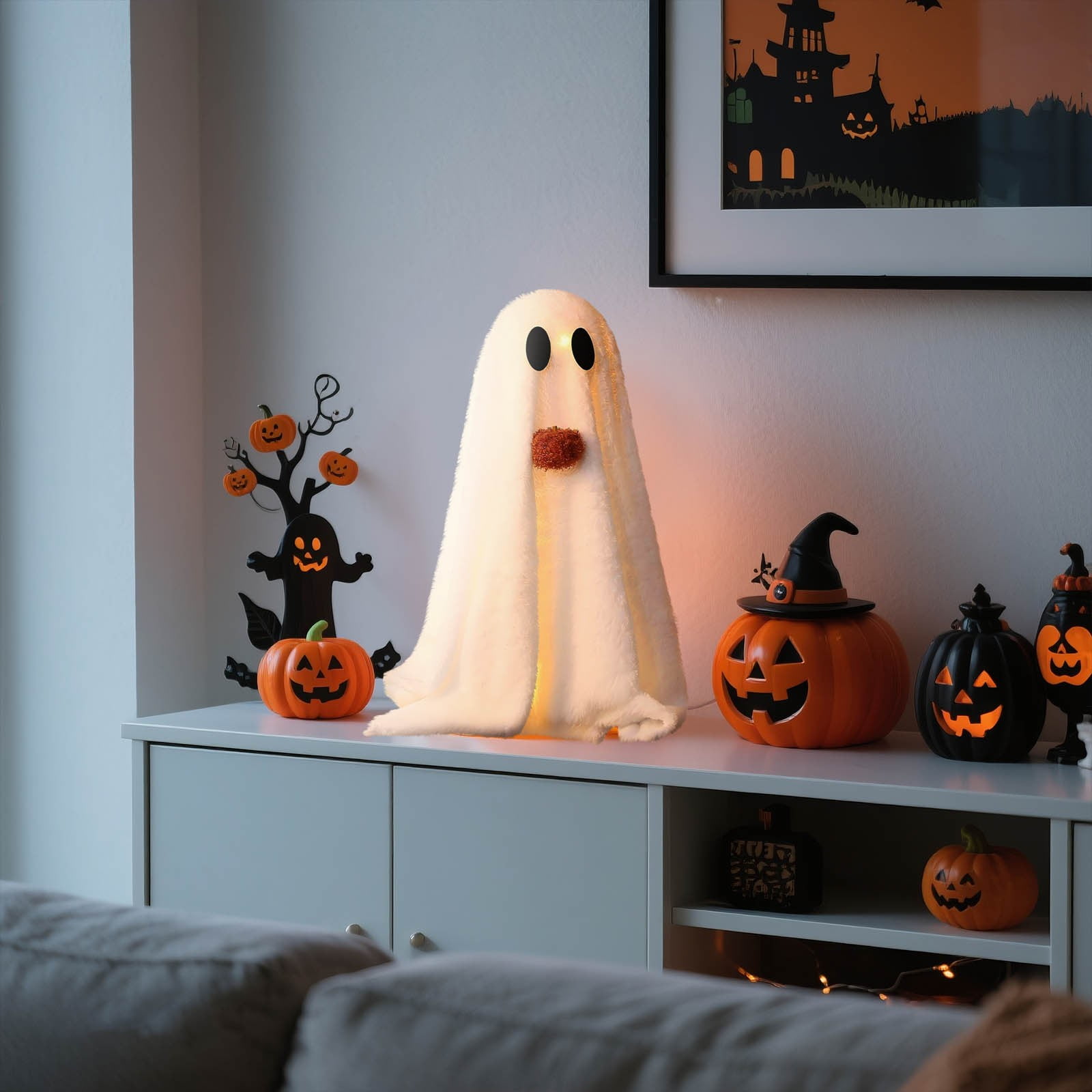 Ghost Halloween Decor - Light-Up Sherpa Ghosts with Pumpkin Decorations ...