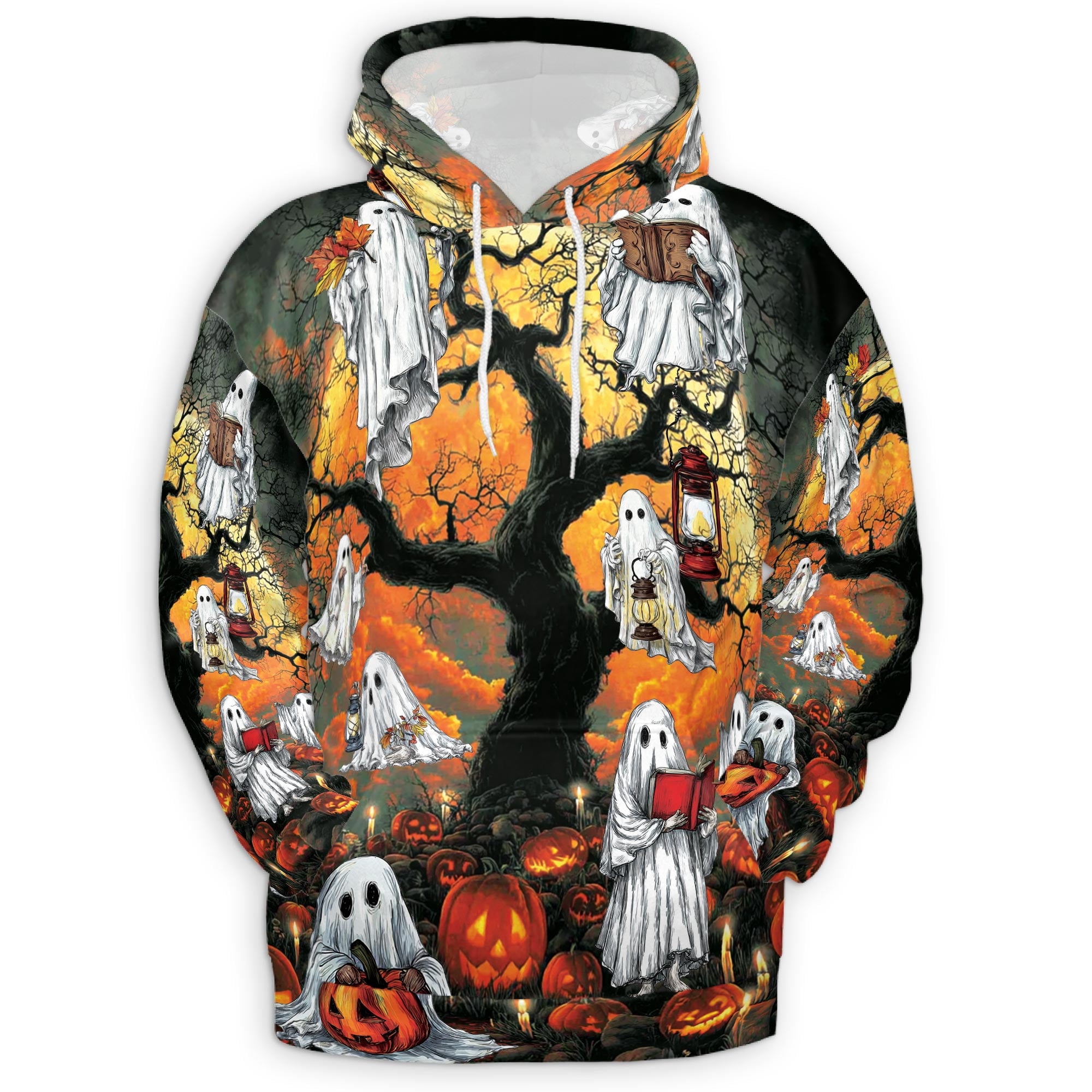 Ghost Halloween Hoodie with Pumpkins, Haunted Tree, and Lanterns, Eerie ...