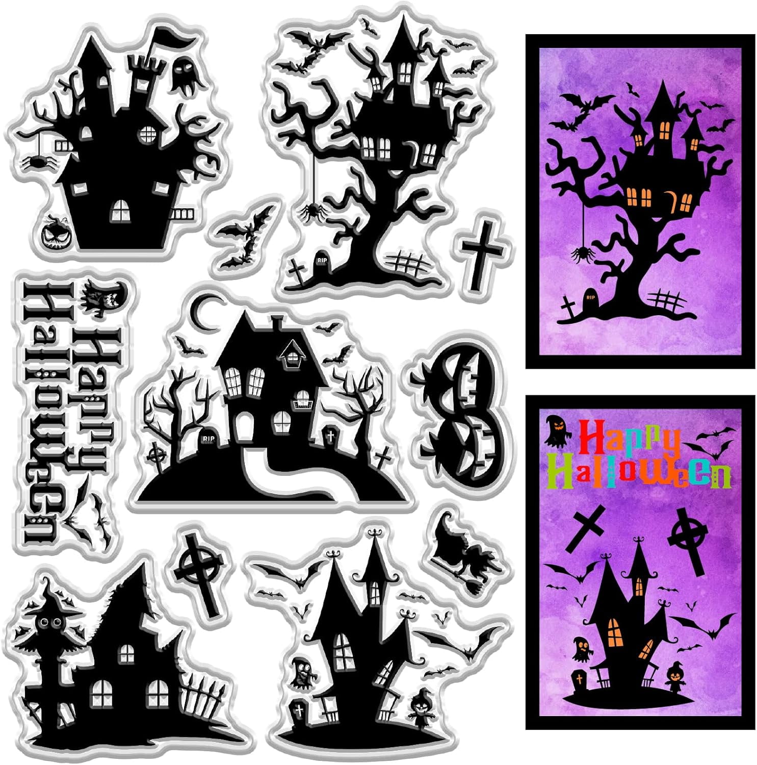 Ghost House Stamps Happy Halloween Clear Stamp Haunted Castle Tree Bats ...