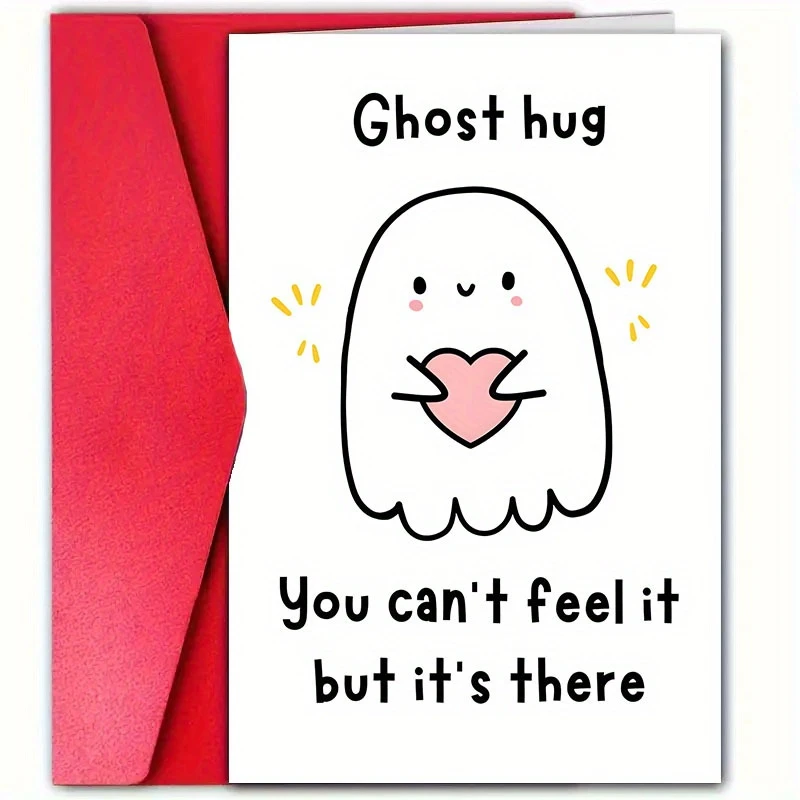 Ghost Hug Greeting Card – Cute Cartoon Ghost Design with Heart – Blank ...