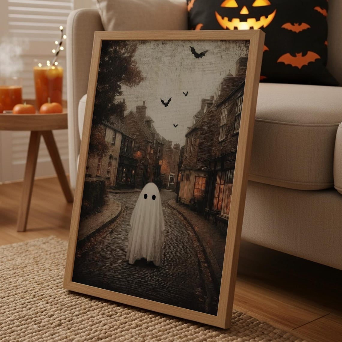 Ghost In Sheet Town Poster, Spooky Wall Art Poster, , F176, Unframed ...