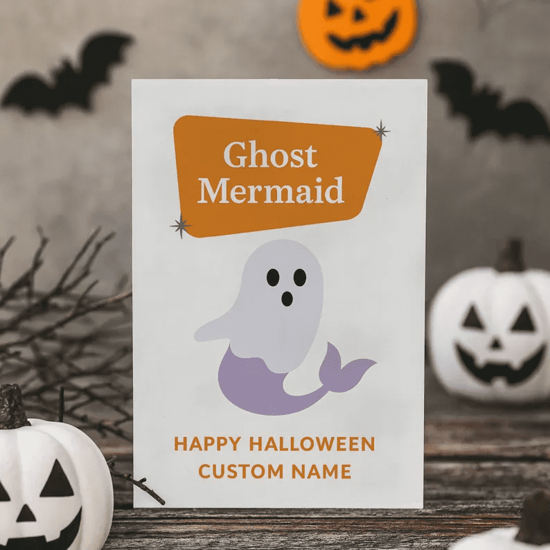 Ghost Mermaid Halloween Card – Custom Name Greeting for Spooky Season ...