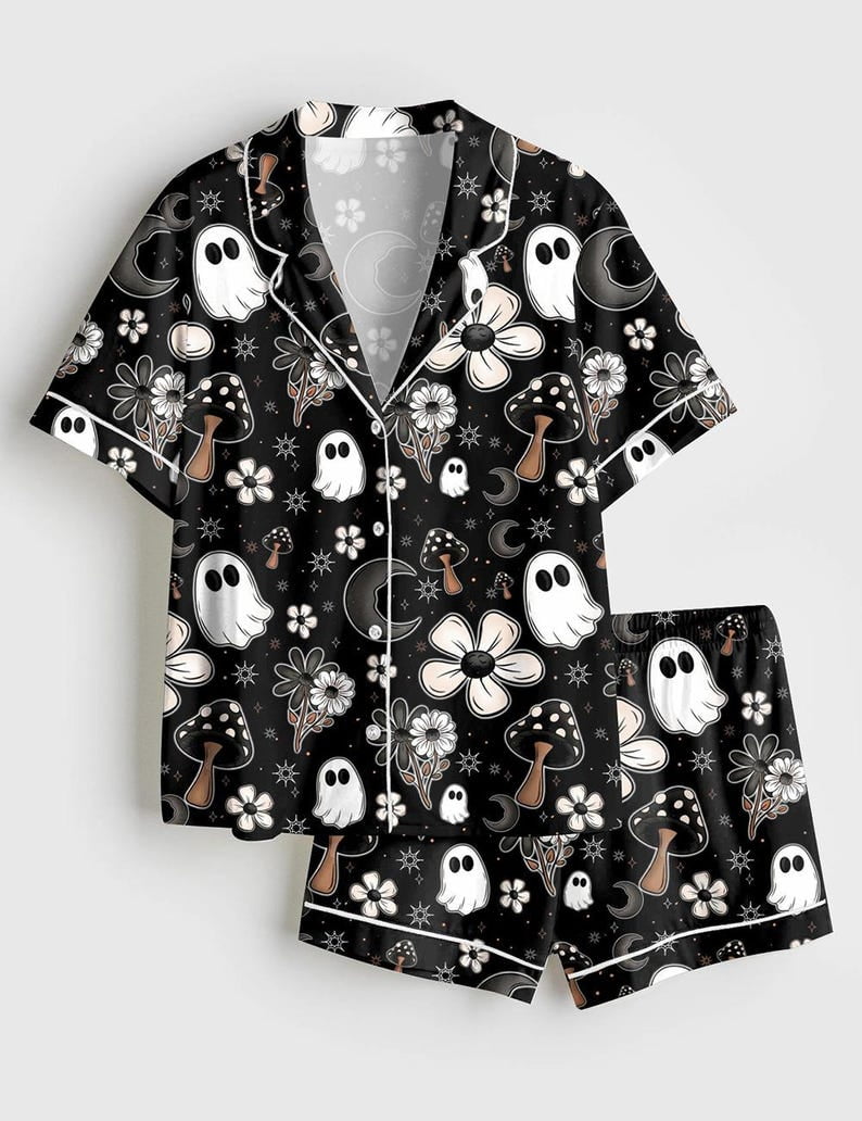 Ghost Mushroom Pajama Set | Black Floral Spooky Print Sleepwear for ...