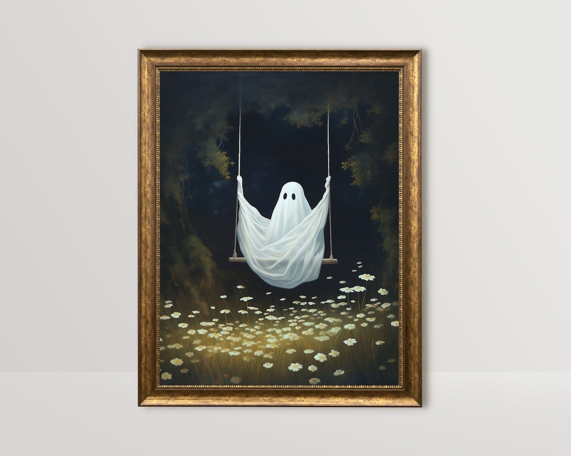 Ghost On Swing, Cute Ghost, Dark Cottagecore Spooky Wall Art Adorable ...