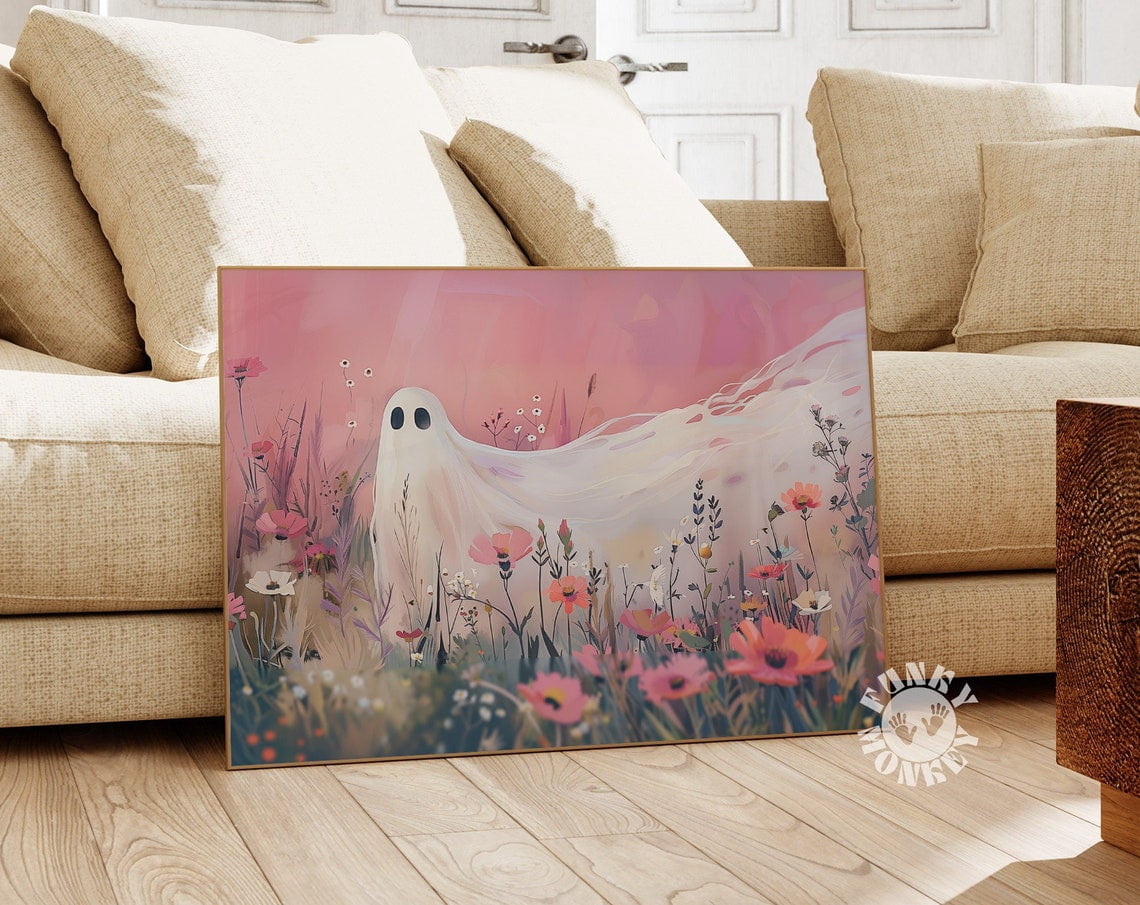 Ghost Print, Pink Girly Halloween, Cute Ghost Wall Art, Ghost In Flower ...