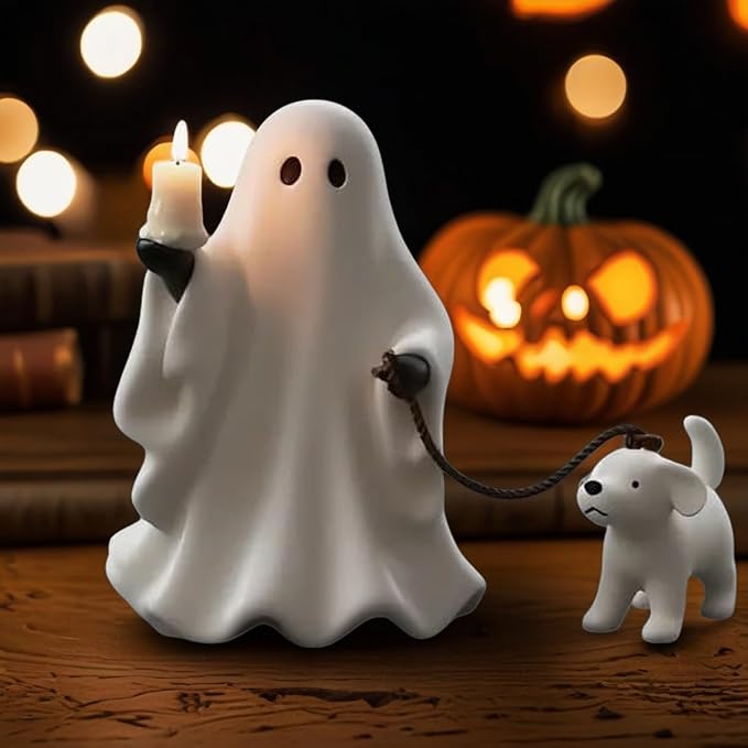 Ghost & Pup Candle Holder, Whimsical Halloween Figurine, Ghost Walking ...