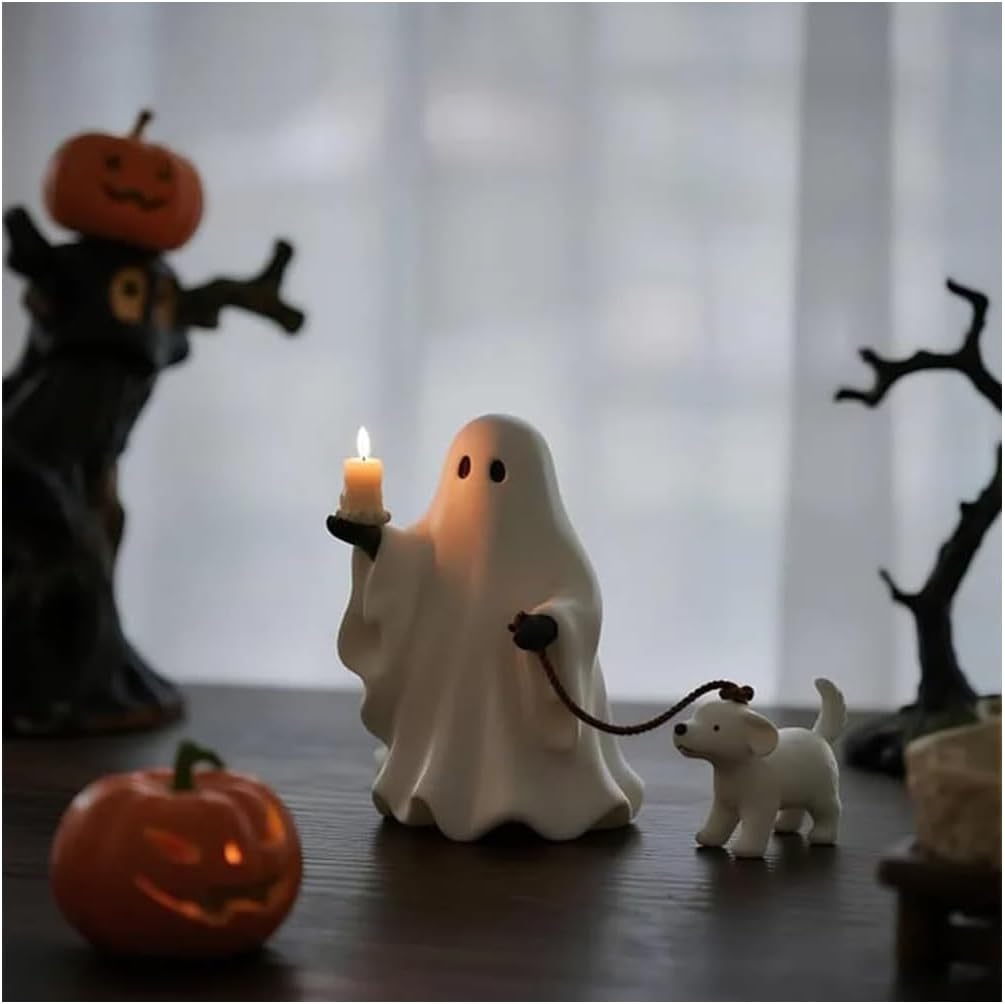 Ghost & Pup Candle Holder, Whimsical Halloween Figurine, Resin Cute ...