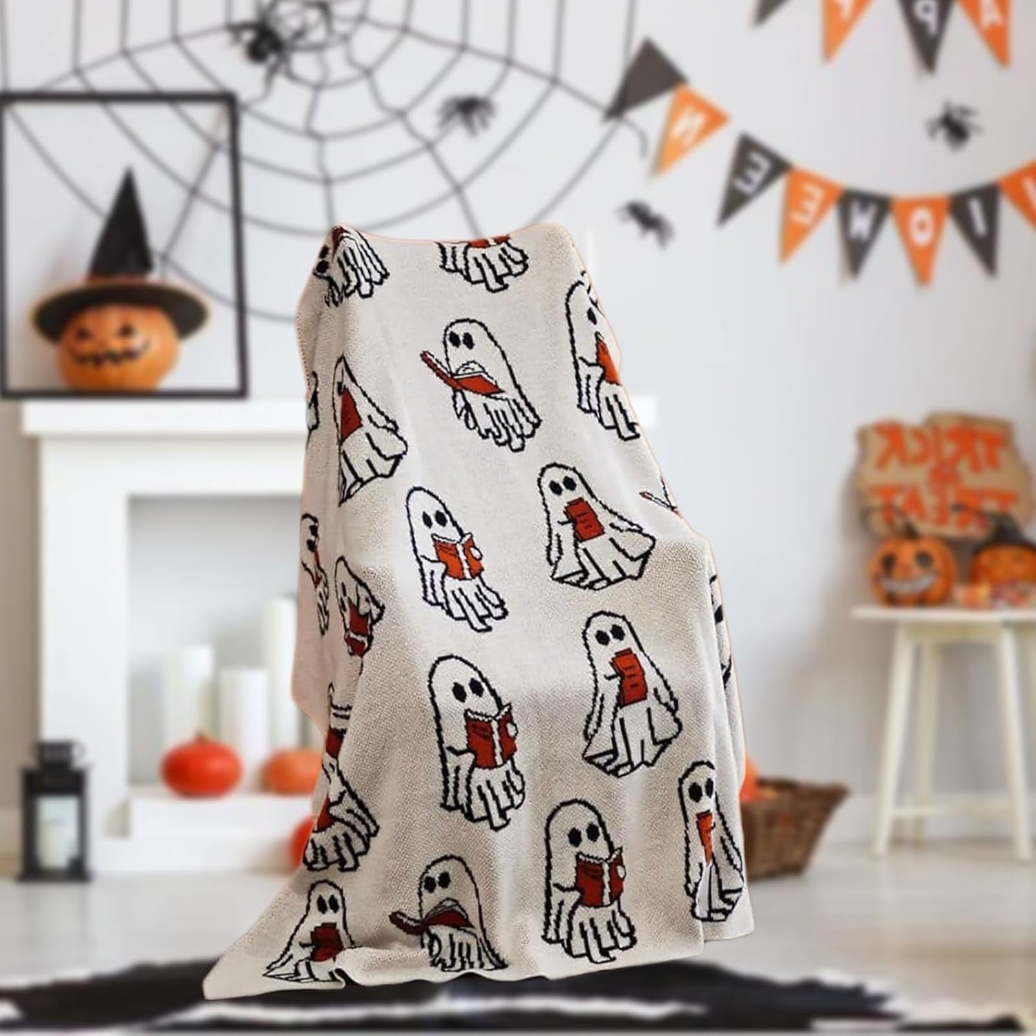Ghost Reading Blanket, 2025 Halloween Ghost Reading Book Blanket, Ghost ...