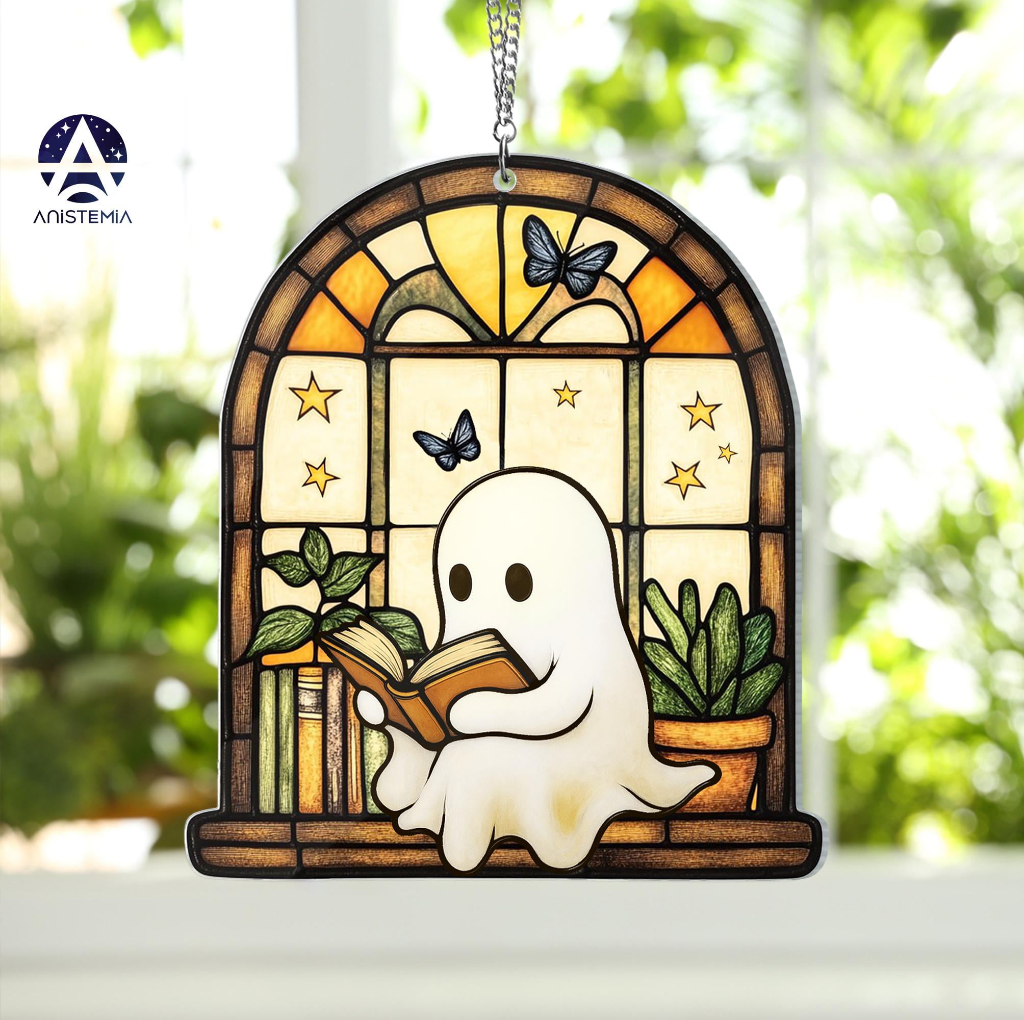 Ghost Reading Book Acrylic Suncatcher, Cute Ghost Plant Reading Gift ...