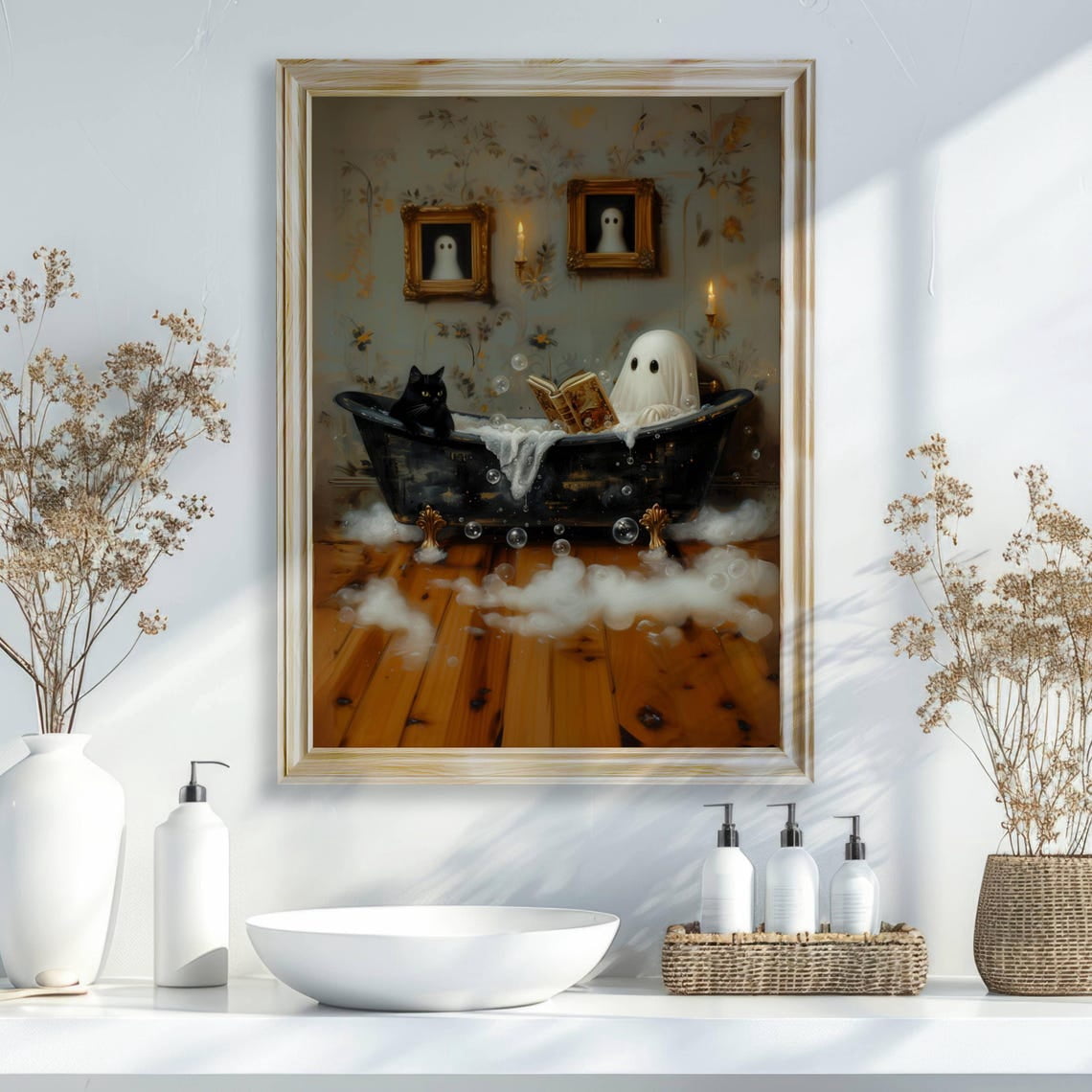 Ghost Reading Book in Bathtub Poster Wall Decor Ghost and Black Cat ...