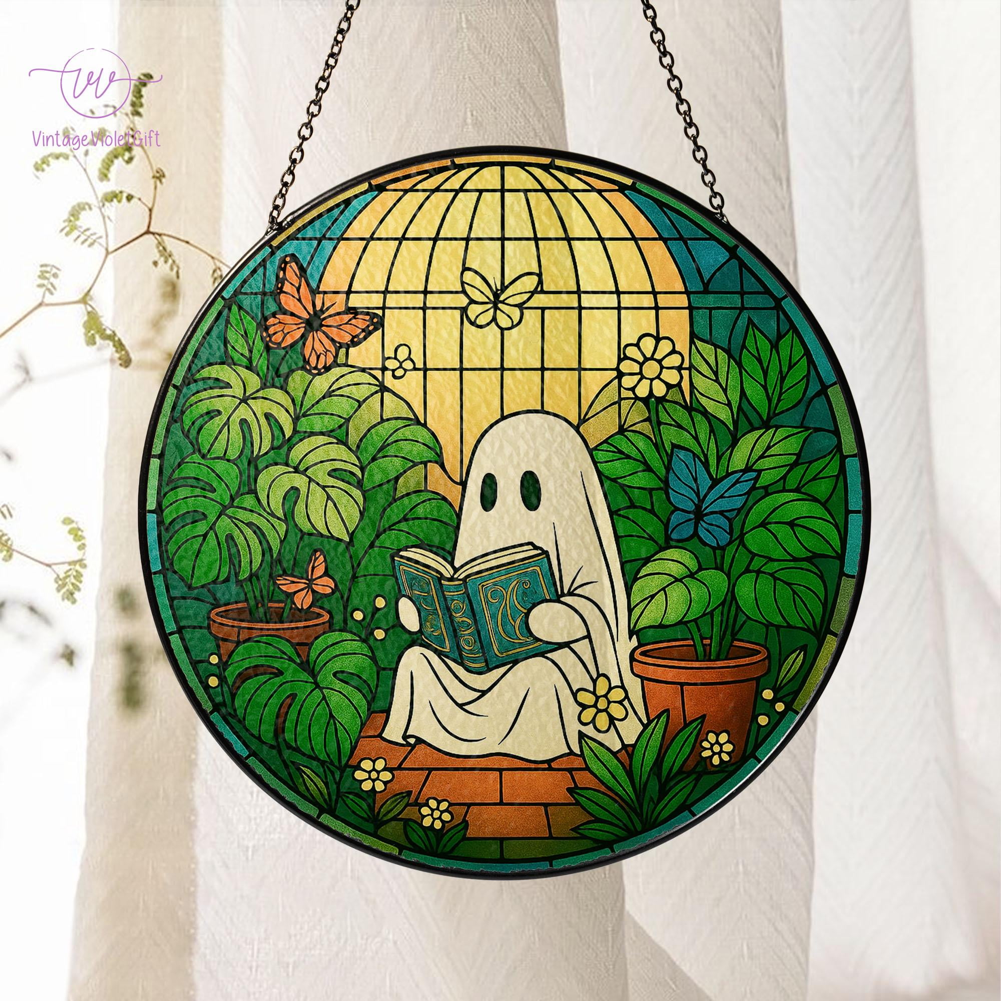 Ghost Reading Book Stained Glass Suncatcher, Ghost and Monstra Plants ...